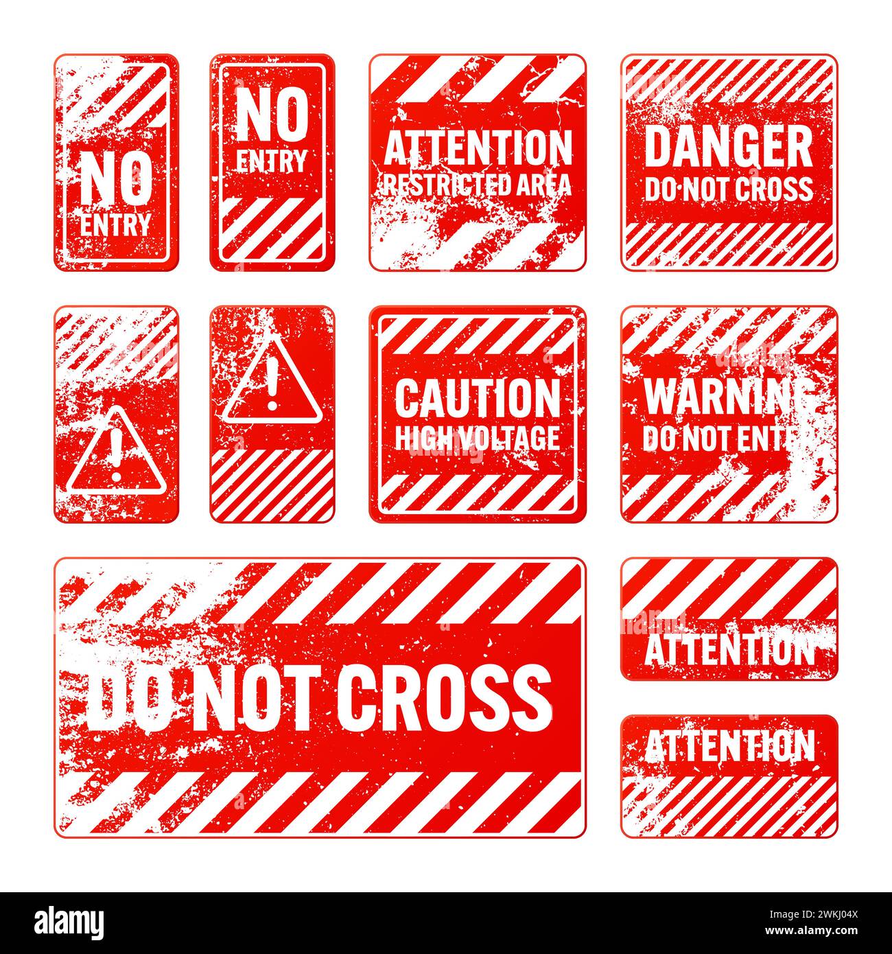 Red grunge warning signs with diagonal lines. Old attention, danger or ...