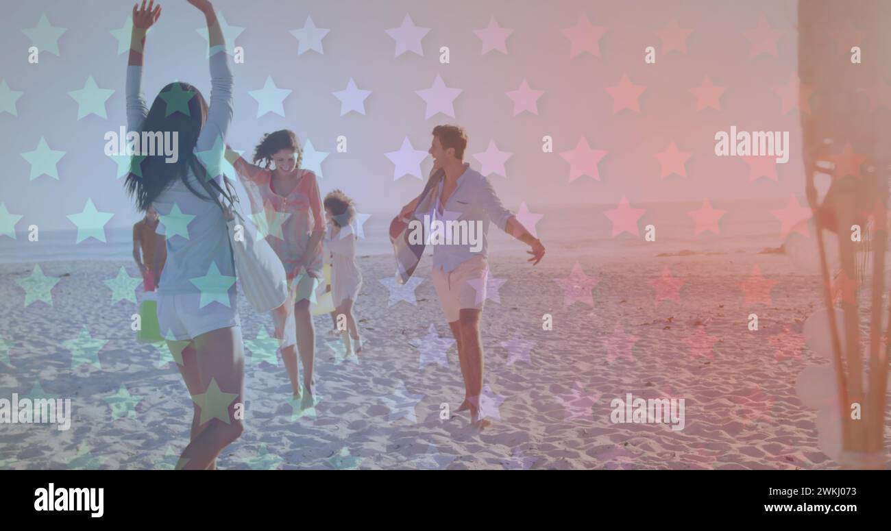 Multiple blinking stars against group of friends walking at the beach ...