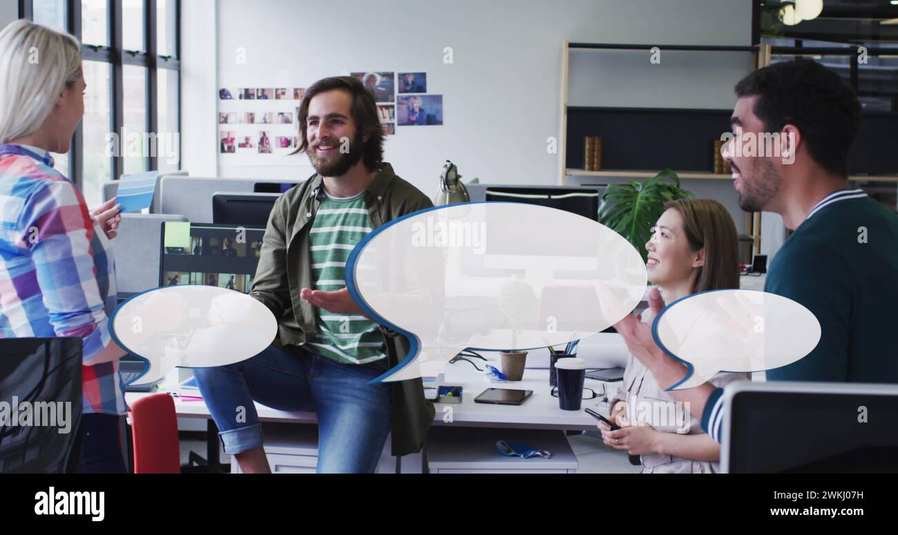 Image of speech bubbles over diverse business people during meeting ...