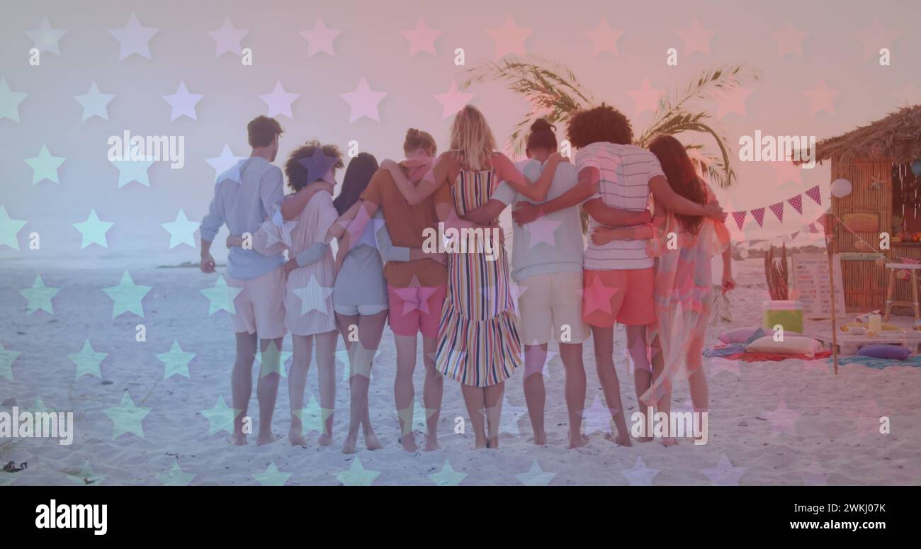 Multiple blinking stars against rear view of group of friends dancing ...