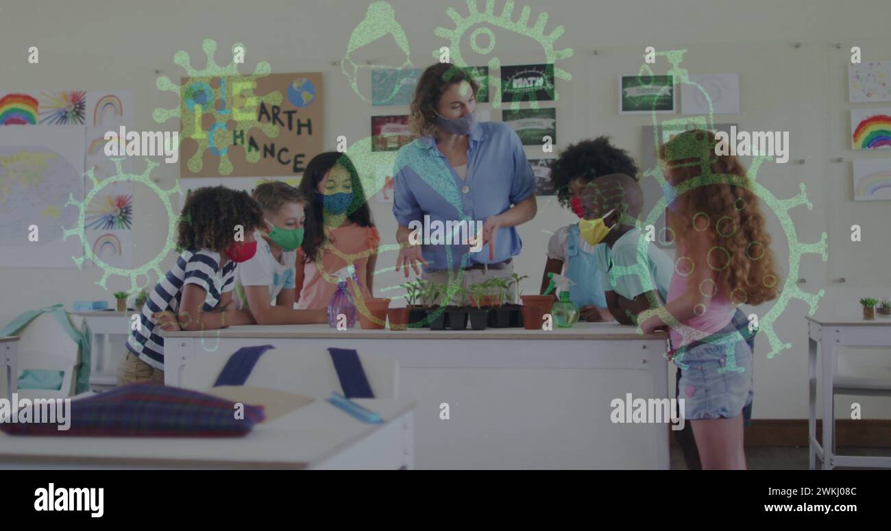 Covid-19 concept icons merge with biology class learning about plants ...