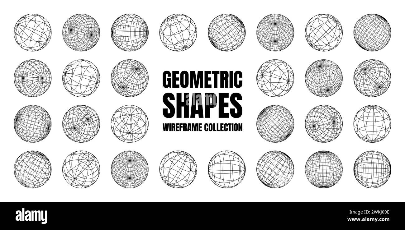 Wireframe shapes, lined sphere. Perspective mesh, 3d grid. Low poly ...