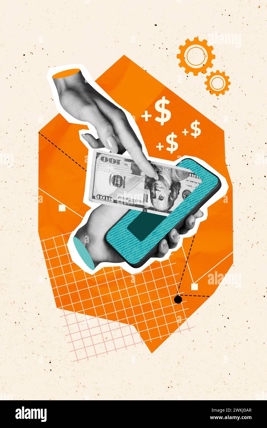 Vertical collage picture of hand putting money into smartphone donate ...