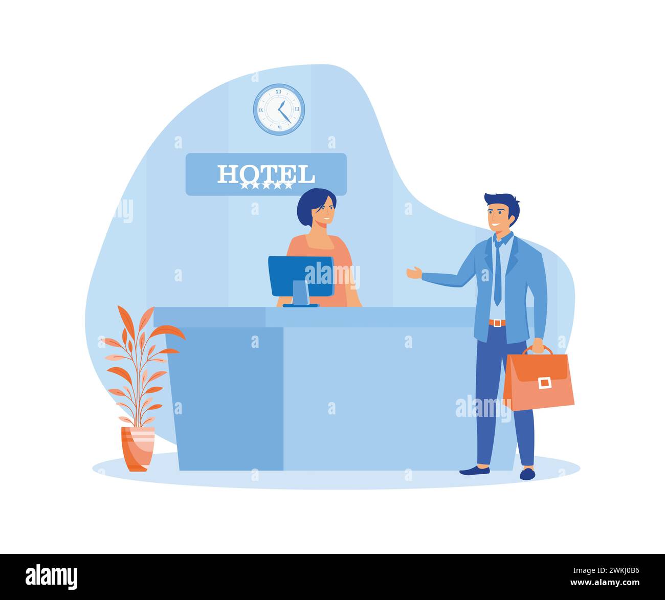 Male customer standing at reception desk and talking to female ...