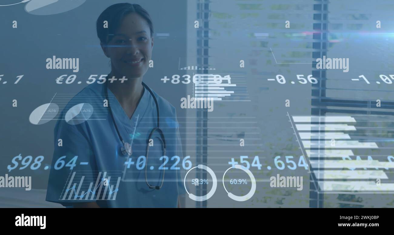 Image of data processing and statistics over female doctor with ...