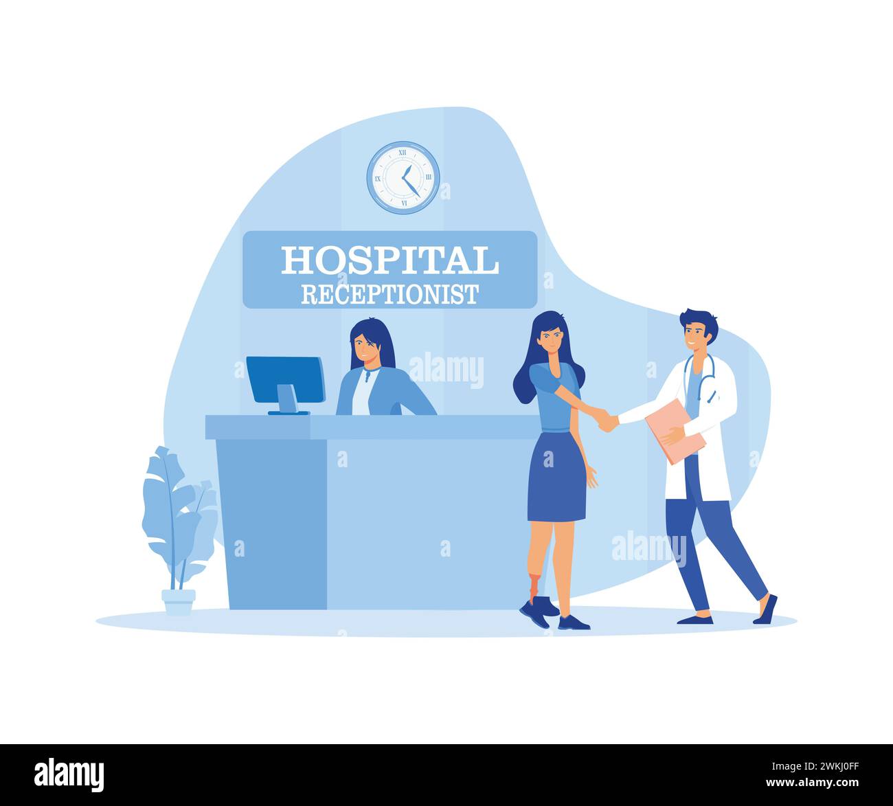 Smiling doctor, woman with prosthesis and receptionist. Hospital visit ...