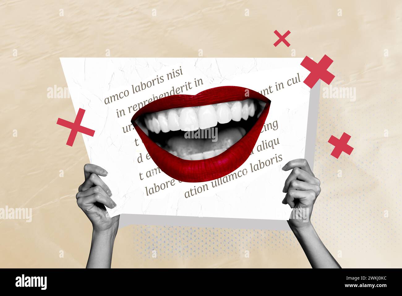 Creative photo collage of open mouth red lips cavity white teeth ...