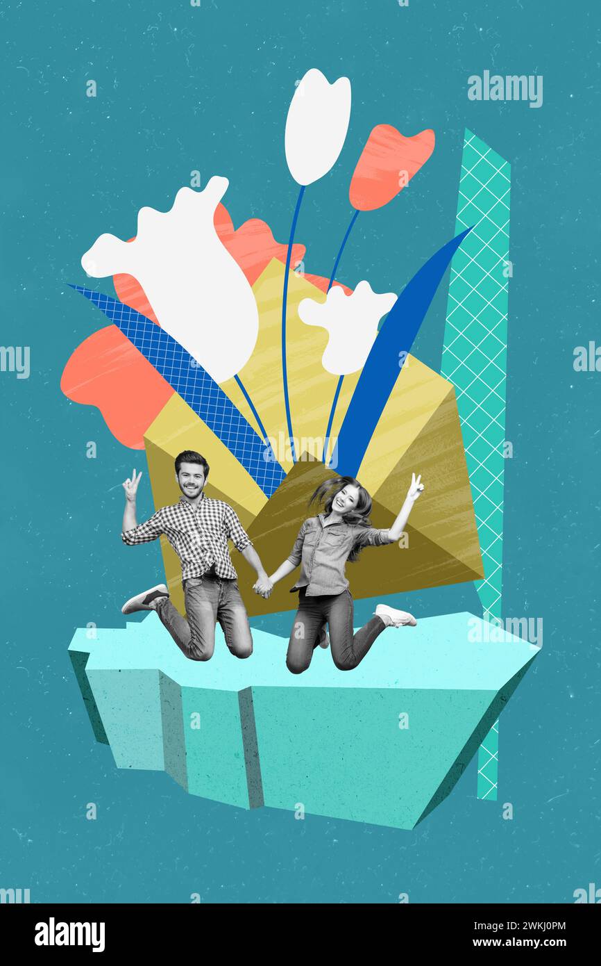 Collage artwork of positive glad happy people hold hands jump up spring ...