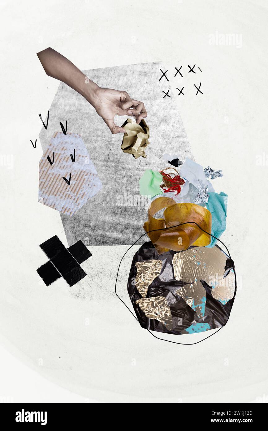 Vertical collage picture of human arm hold throw crumpled paper big ...