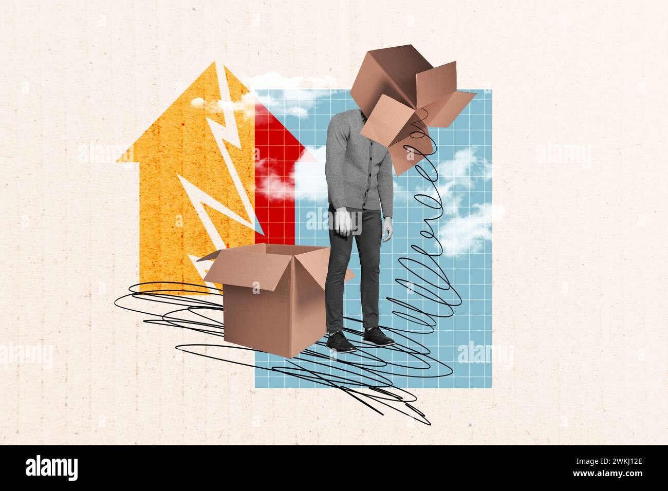 Creative photo collage standing headless man carton box refugee house ...