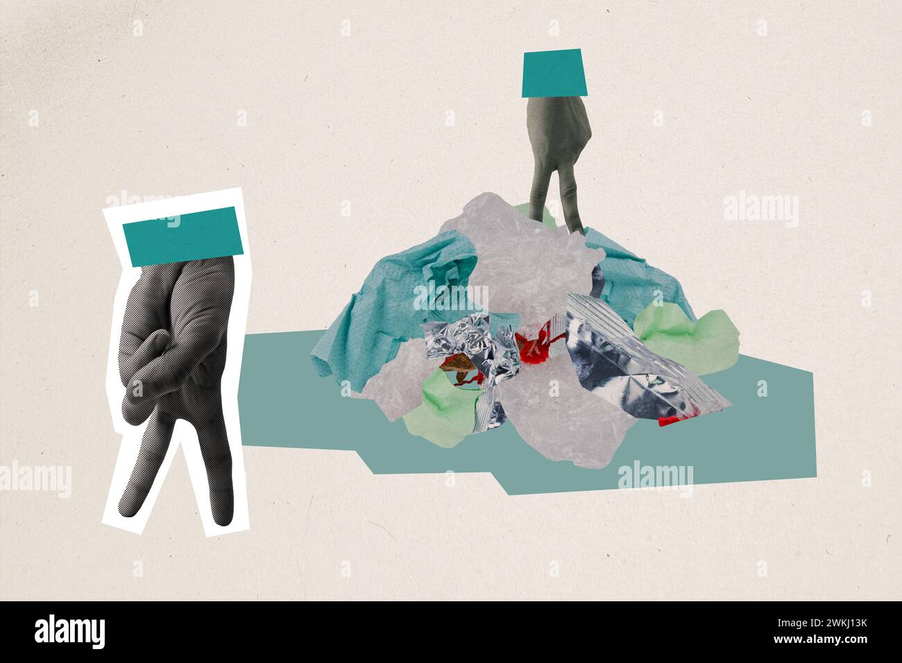 Abstract collage two human hands on trash plastic environmental ...