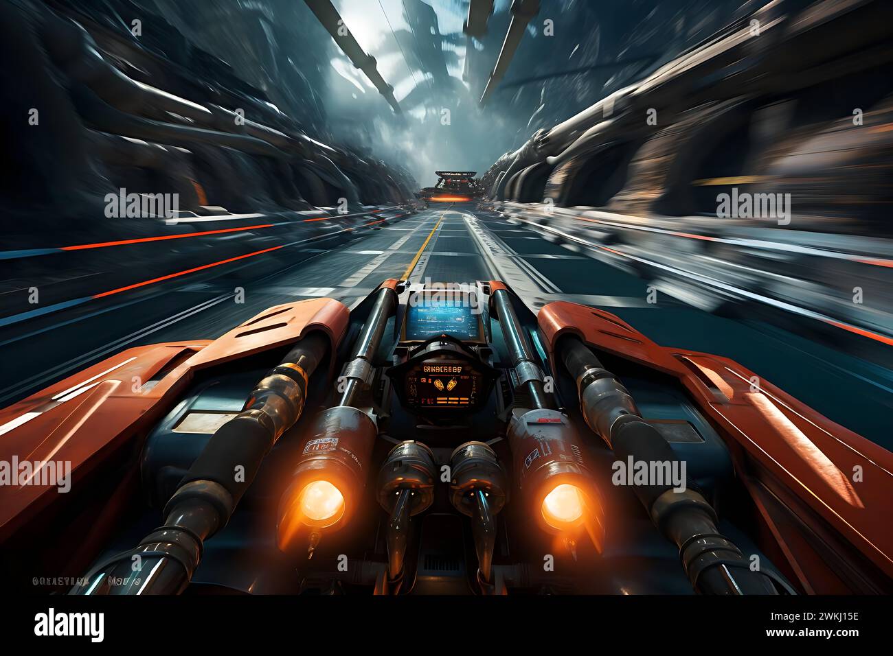 A vibrant art piece depicting a race of futuristic space vehicles on a ...