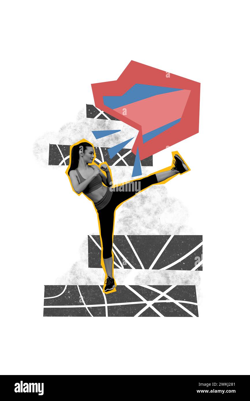 Vertical creative collage image of funny young female kick leg screaming mouth reject critics ...