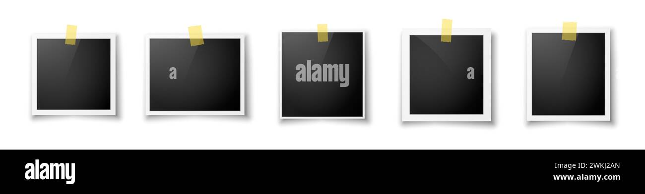 A set of five retro photo frames with black inserts and sticky tapes on ...