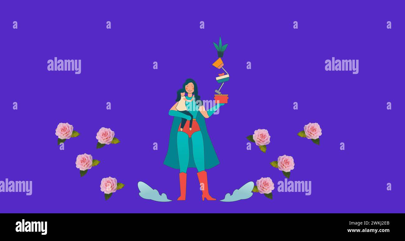 Image of superhero mum with daughter and plants flowers moving in ...