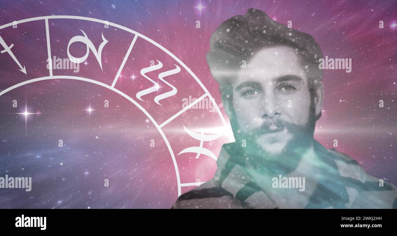 Image of digital interface with zodiac signs wheel over man's face ...
