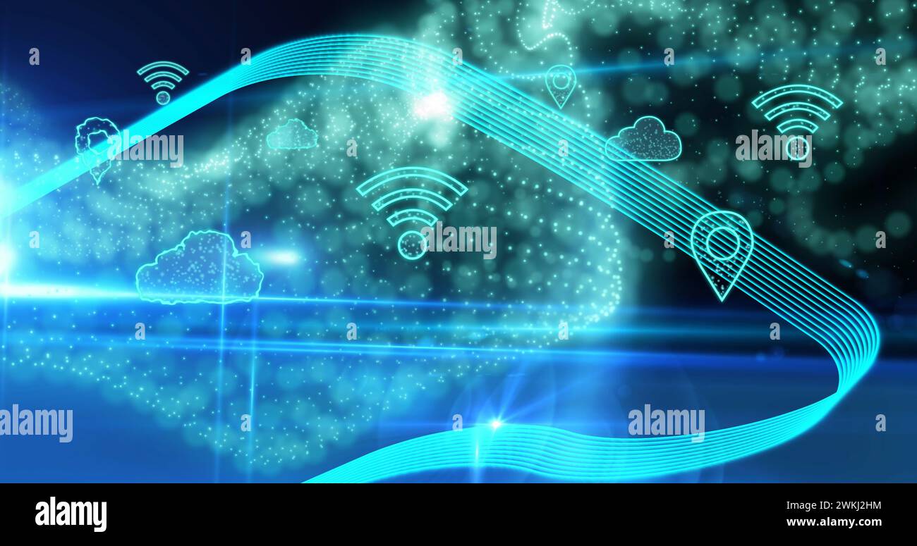 Image of cloud and wifi icons over green mesh waving Stock Photo - Alamy