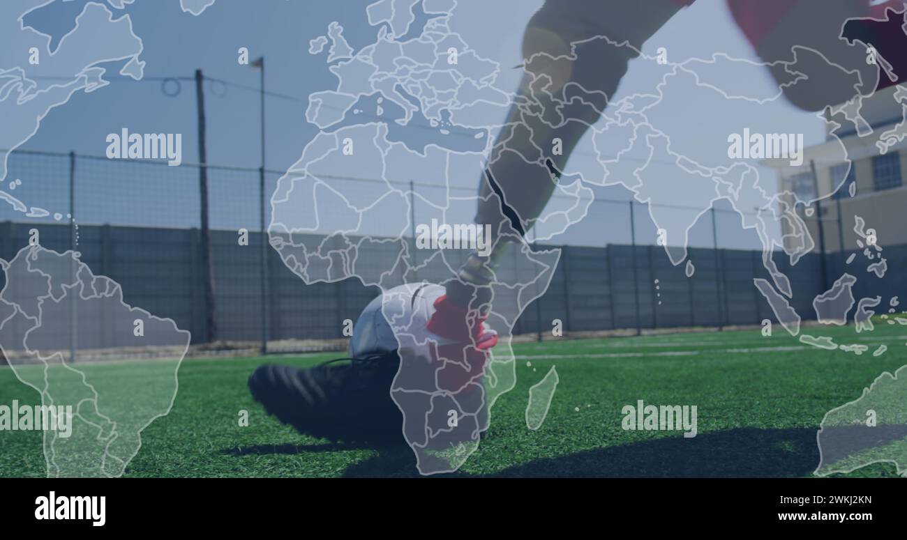 Image of world map over disabled african american man with artificial ...