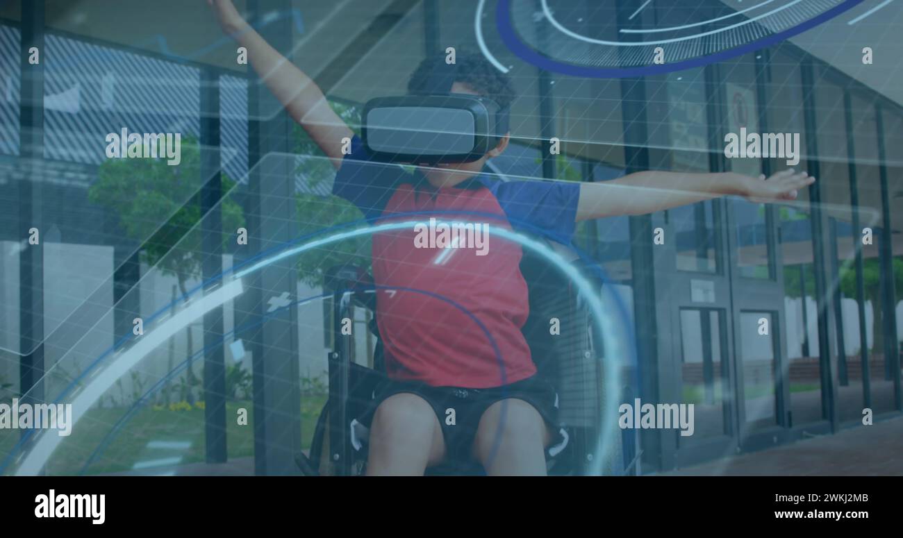Image of data processing over caucasian boy in wheelchair using vr ...