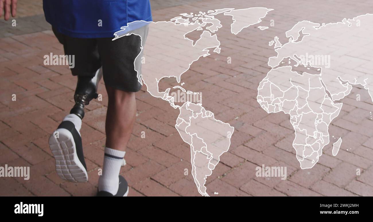Image of world map over disabled african american man with artificial ...