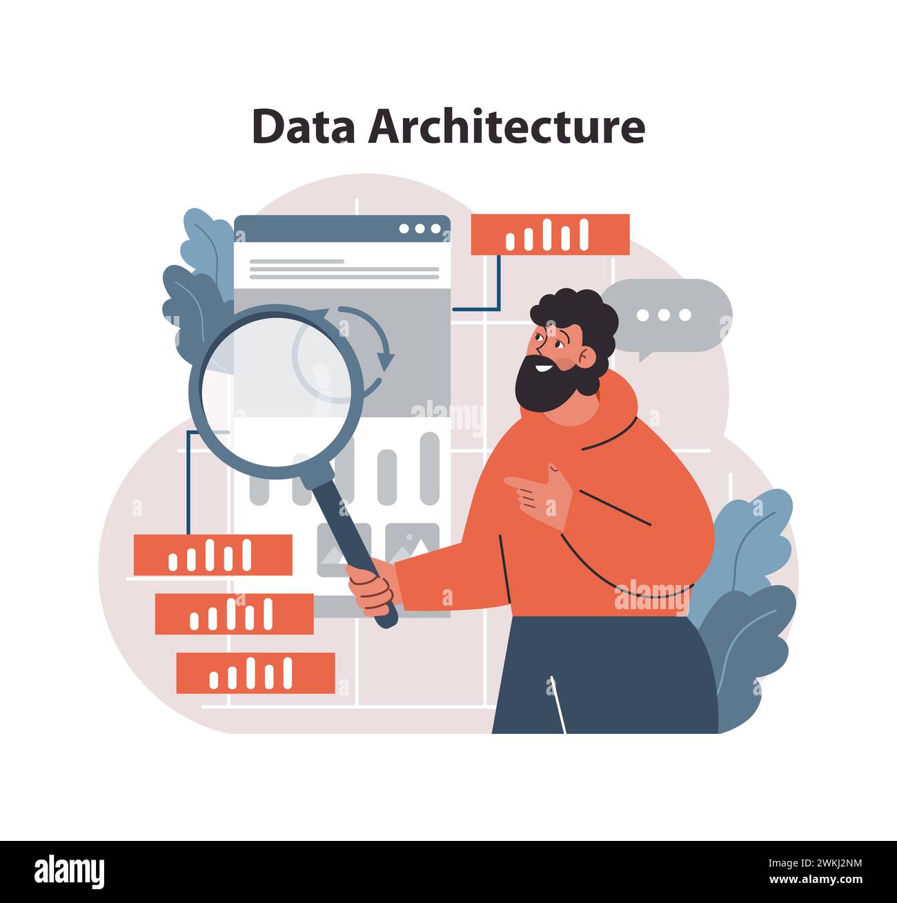 Data architecture inspection concept. Expert scrutinizes web interface ... Data architecture inspection concept. Expert scrutinizes web interface ...