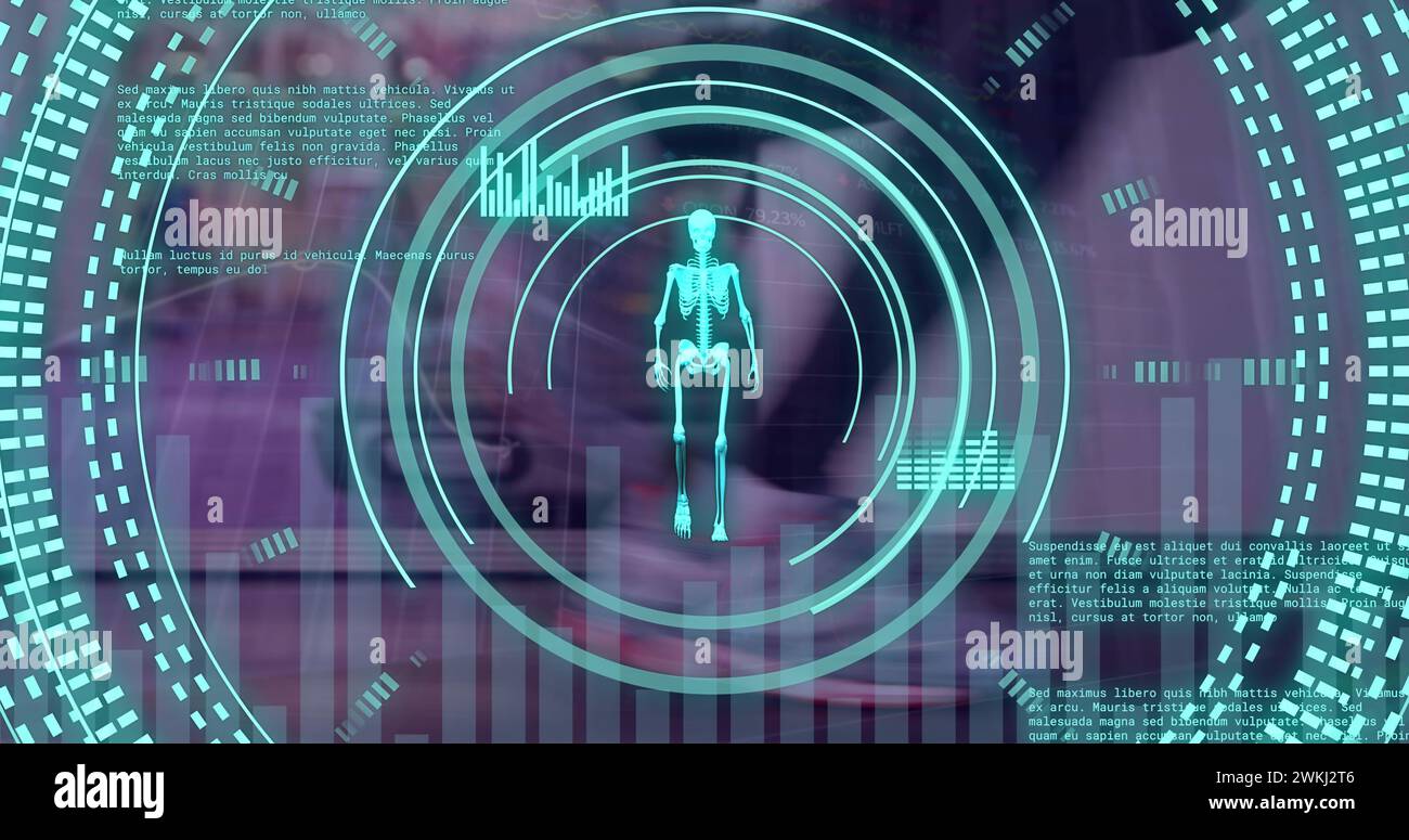 Image of scope scanning and data processing with skeleton over caucasian people at gym Stock ...