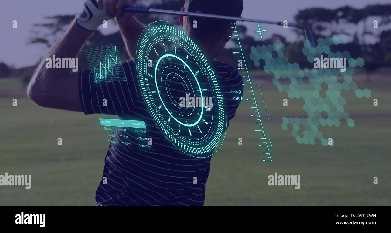 Image of scope scanning and data processing over caucasian man playing ...