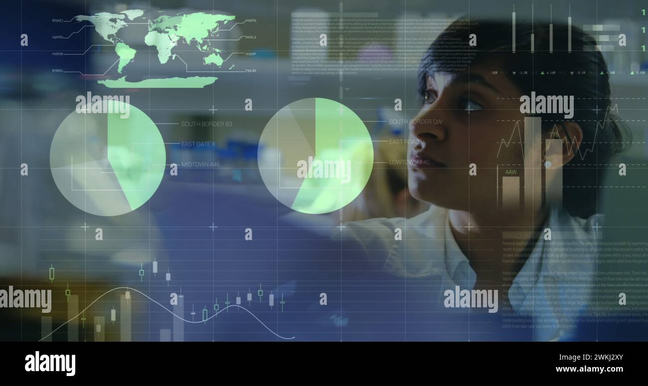 Image of floating diagrams, circles, world map and data processing over biracial female doctor ...