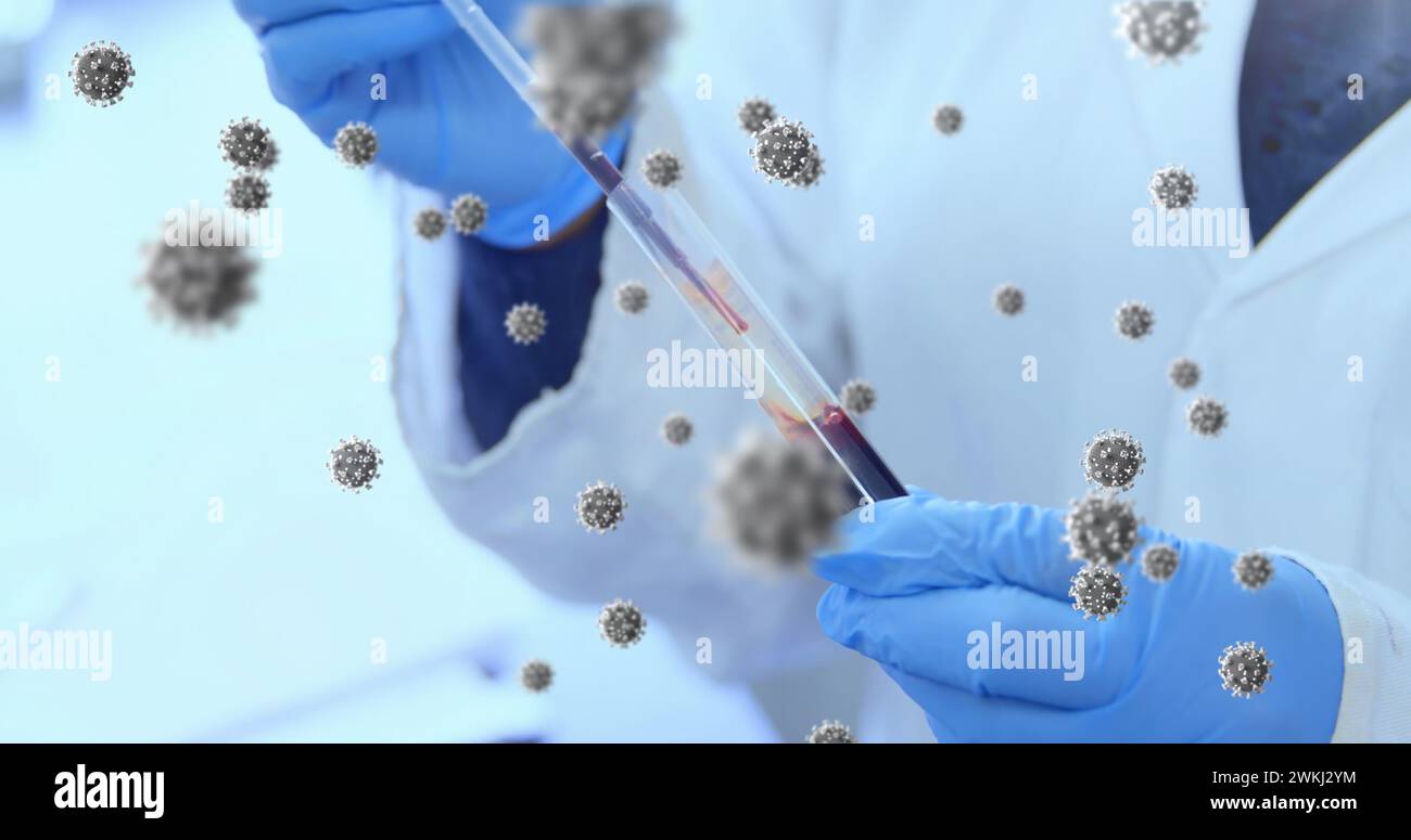 Image of floating macro Covid-19 cells over doctor taking sample and ...