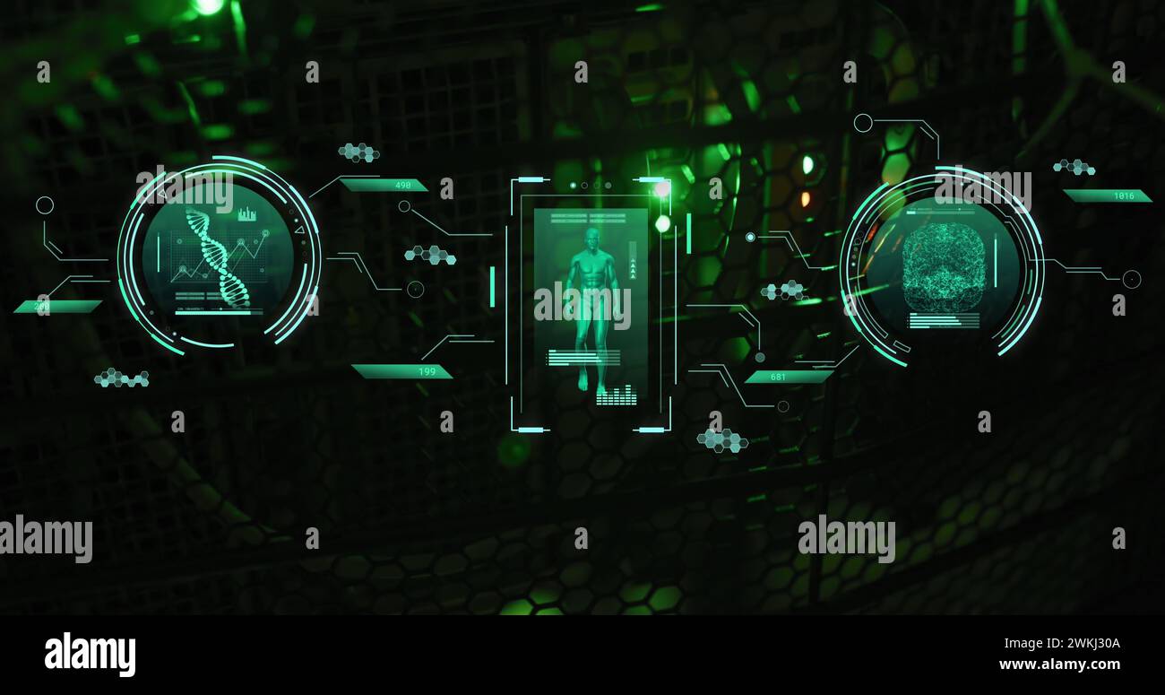 Image of data processing with human walking and brain over server room ...