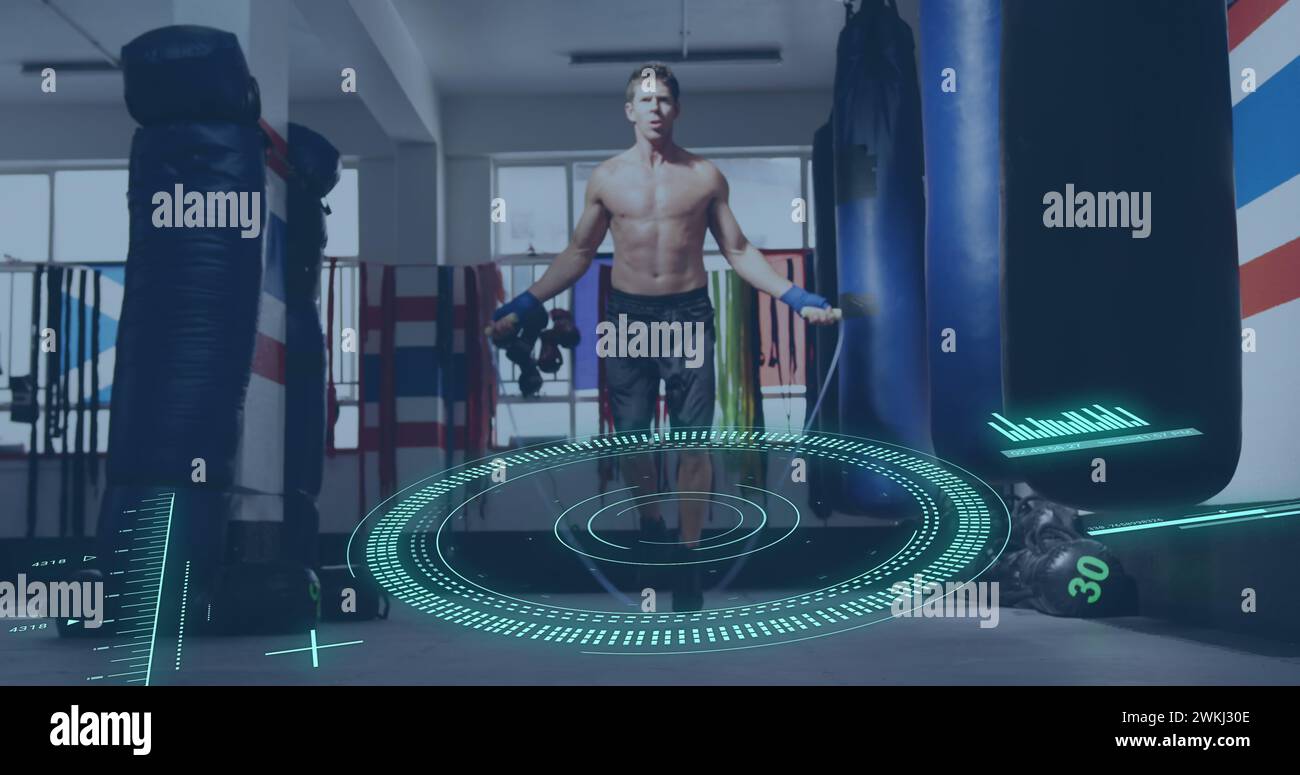 Image of scope scanning and data processing over caucasian man jumping ...