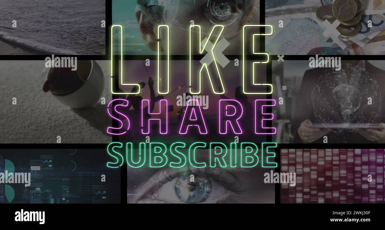 Image of like, share, subscribe text over screens Stock Photo - Alamy