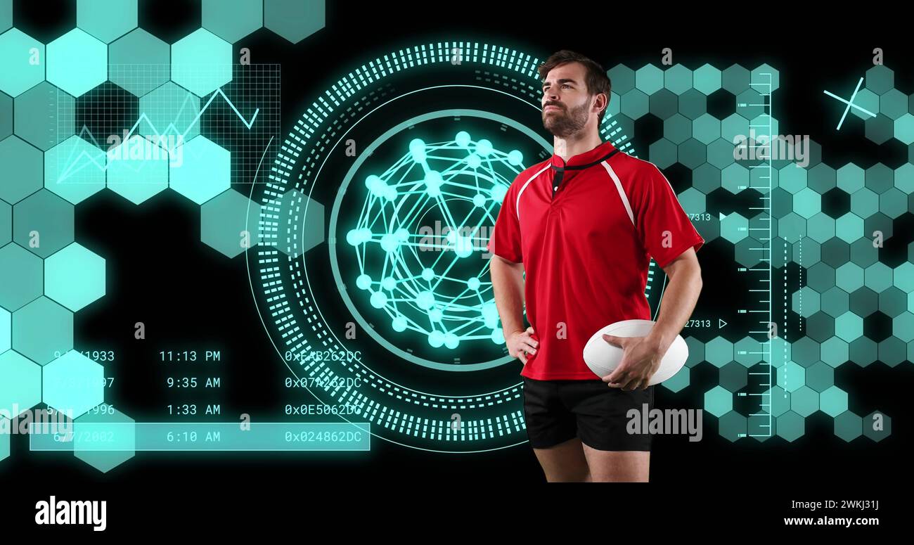 Image of data processing and scope scanning over caucasian male rugby ...