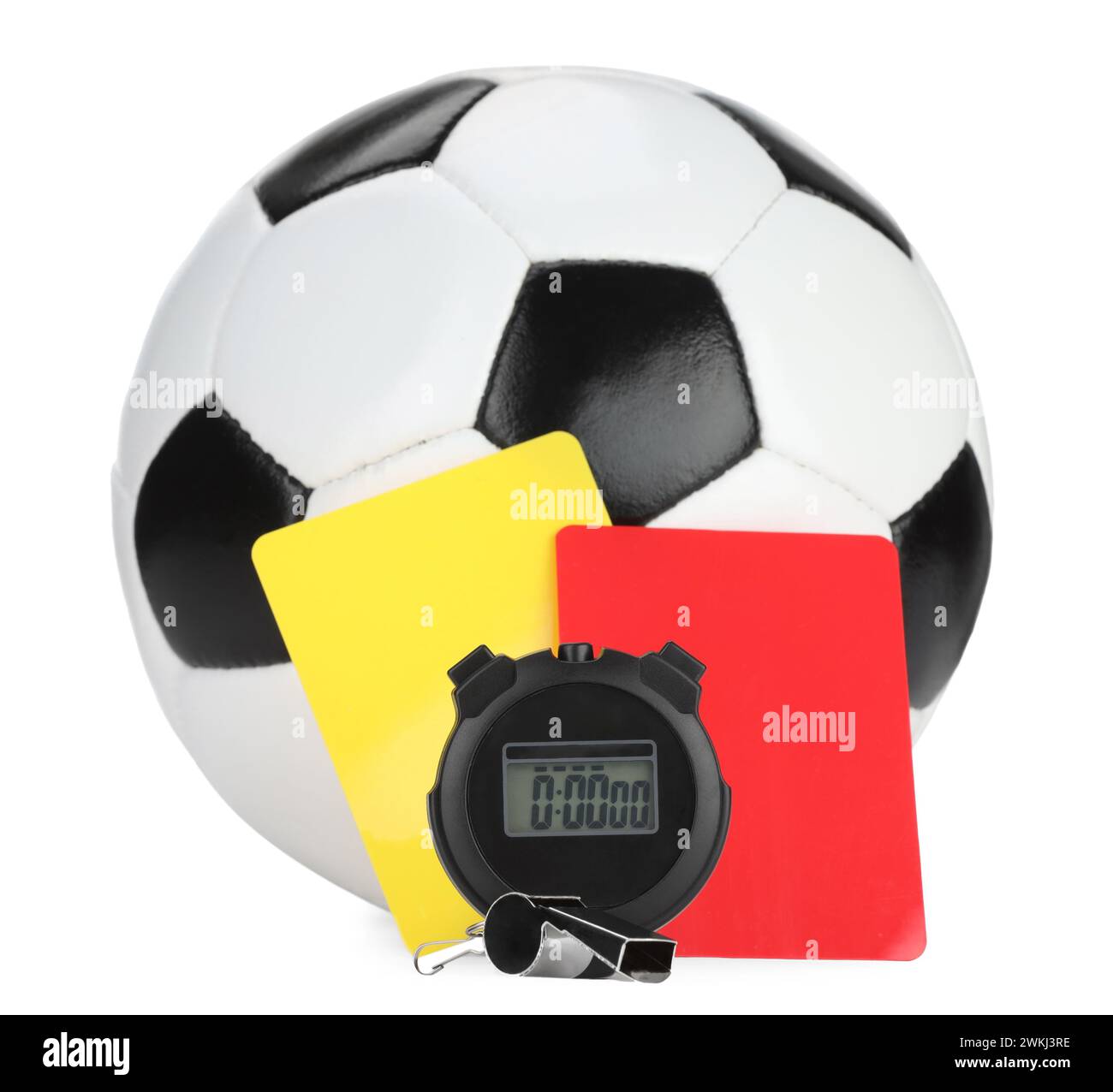 Referee equipment. Soccer ball, whistle, stopwatch and cards isolated ...