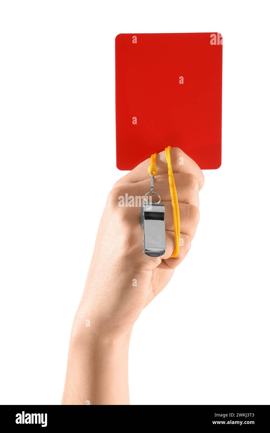 Referee holding red card and whistle on white background, closeup Stock ...