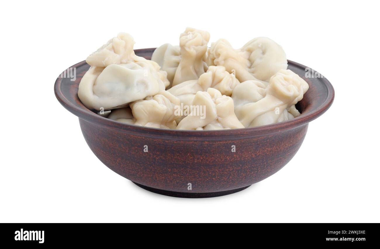 Tasty khinkali (dumplings) in bowl isolated on white. Georgian cuisine ...