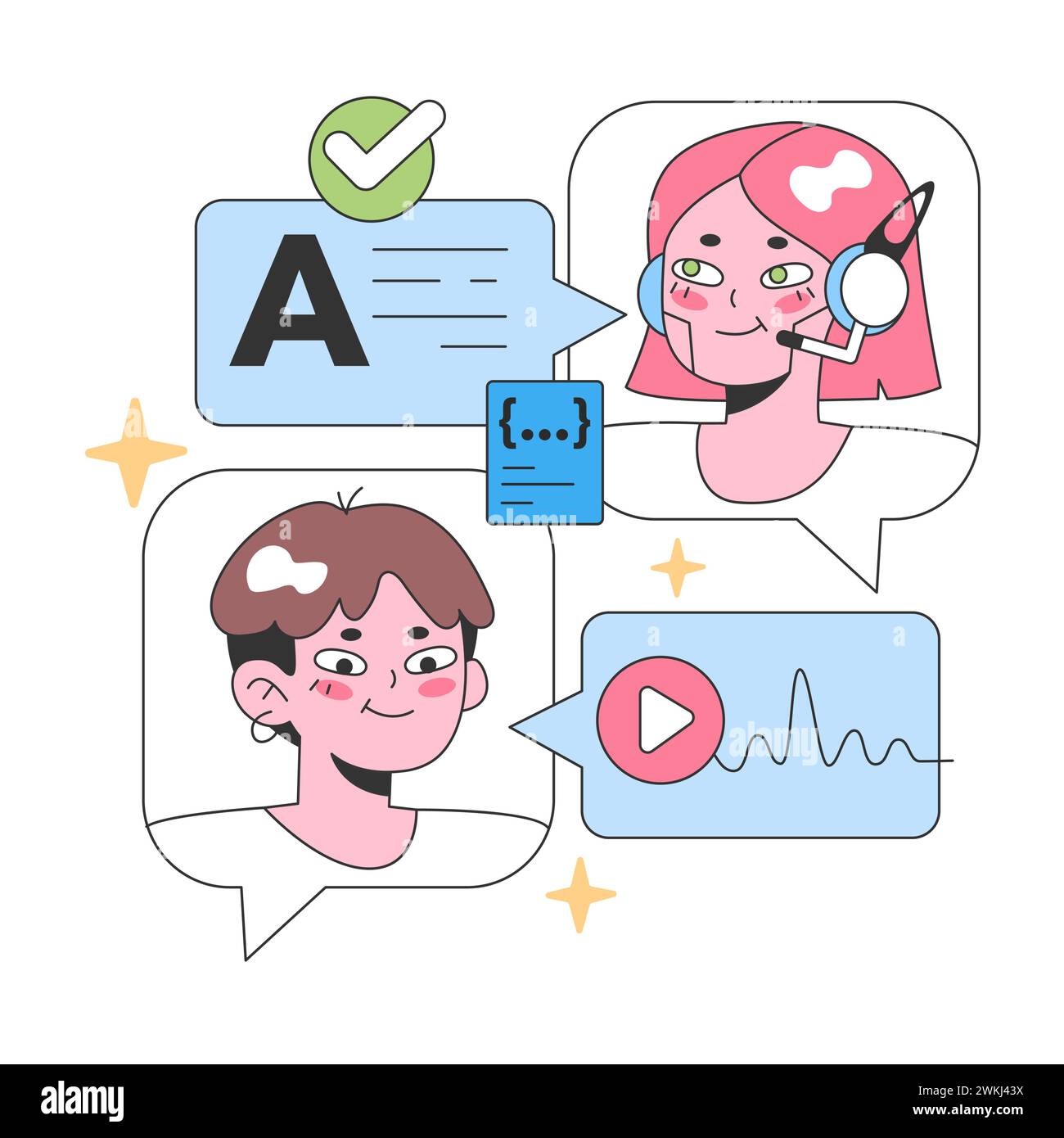 Virtual Assistant concept. Two cheerful characters interacting with ...