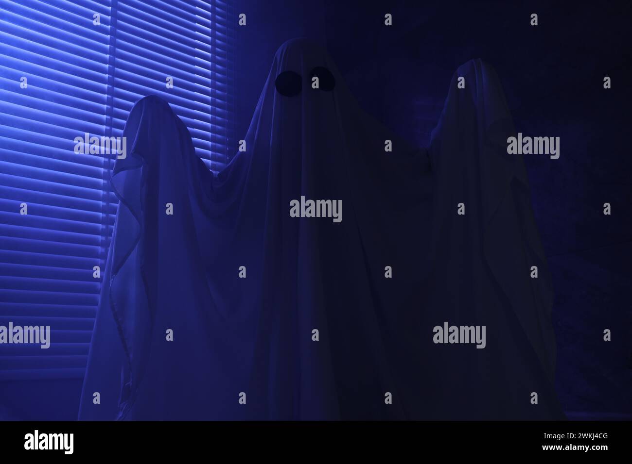 Creepy ghost. Woman covered with sheet near window in blue light Stock ...