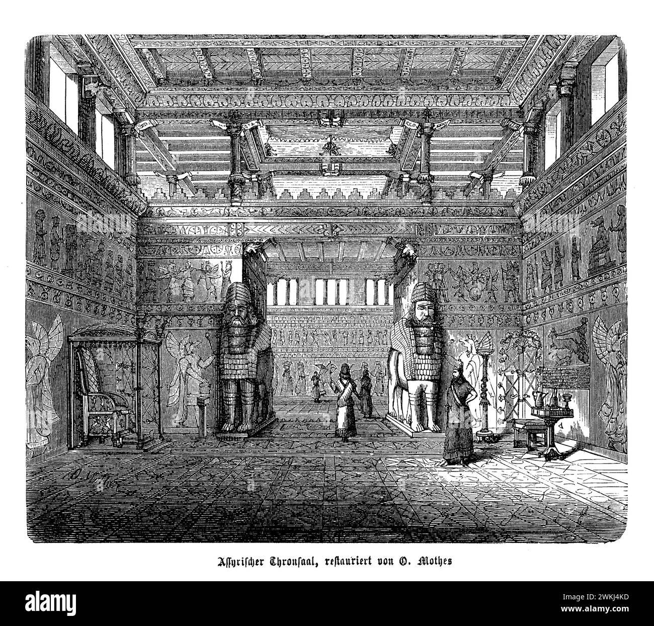 The Assyrian throne room, often depicted in reconstructions of the ...
