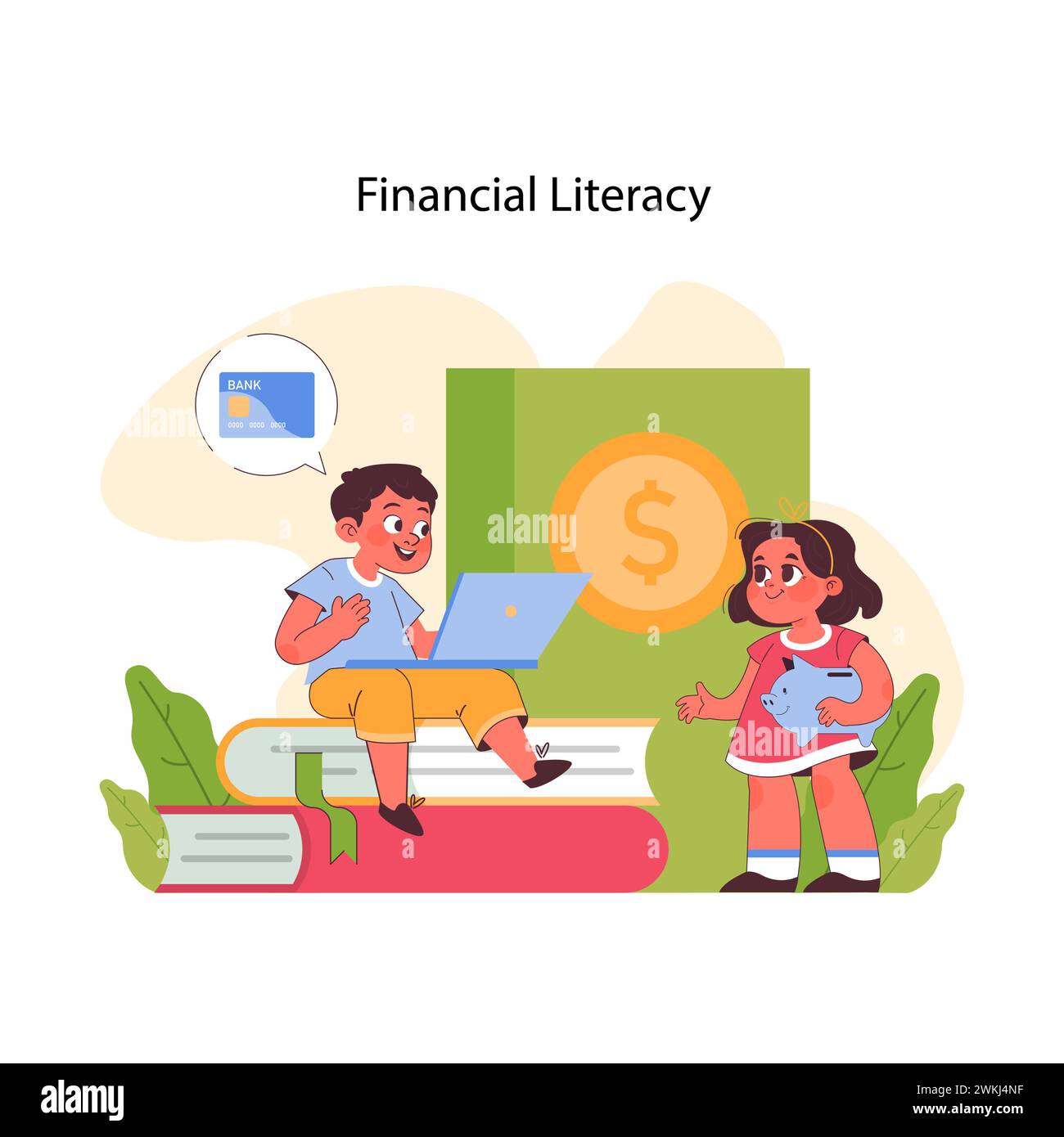 Financial literacy concept. Boy on laptop discusses banking, while girl ...