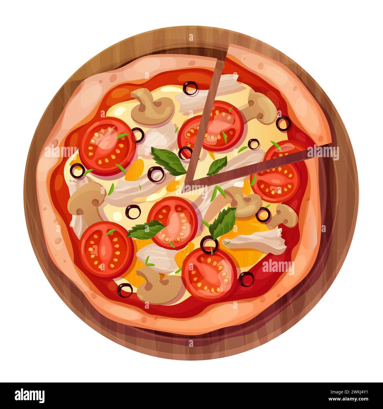 Pizza top view with salami, olives, tomato and mushrooms isolated on ...