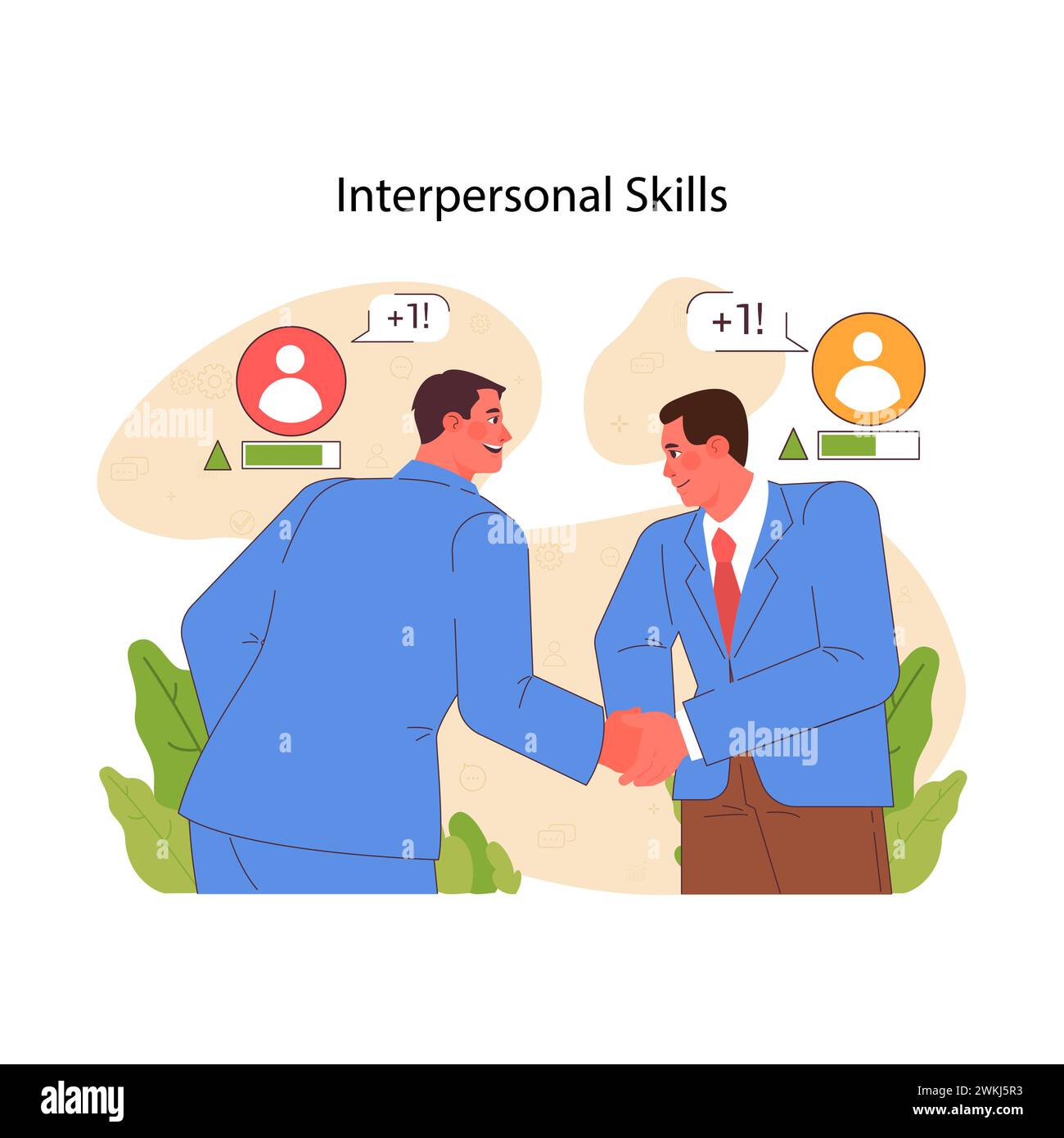 Interpersonal skills concept. Two professionals engage in handshake, symbolizing respectful ...