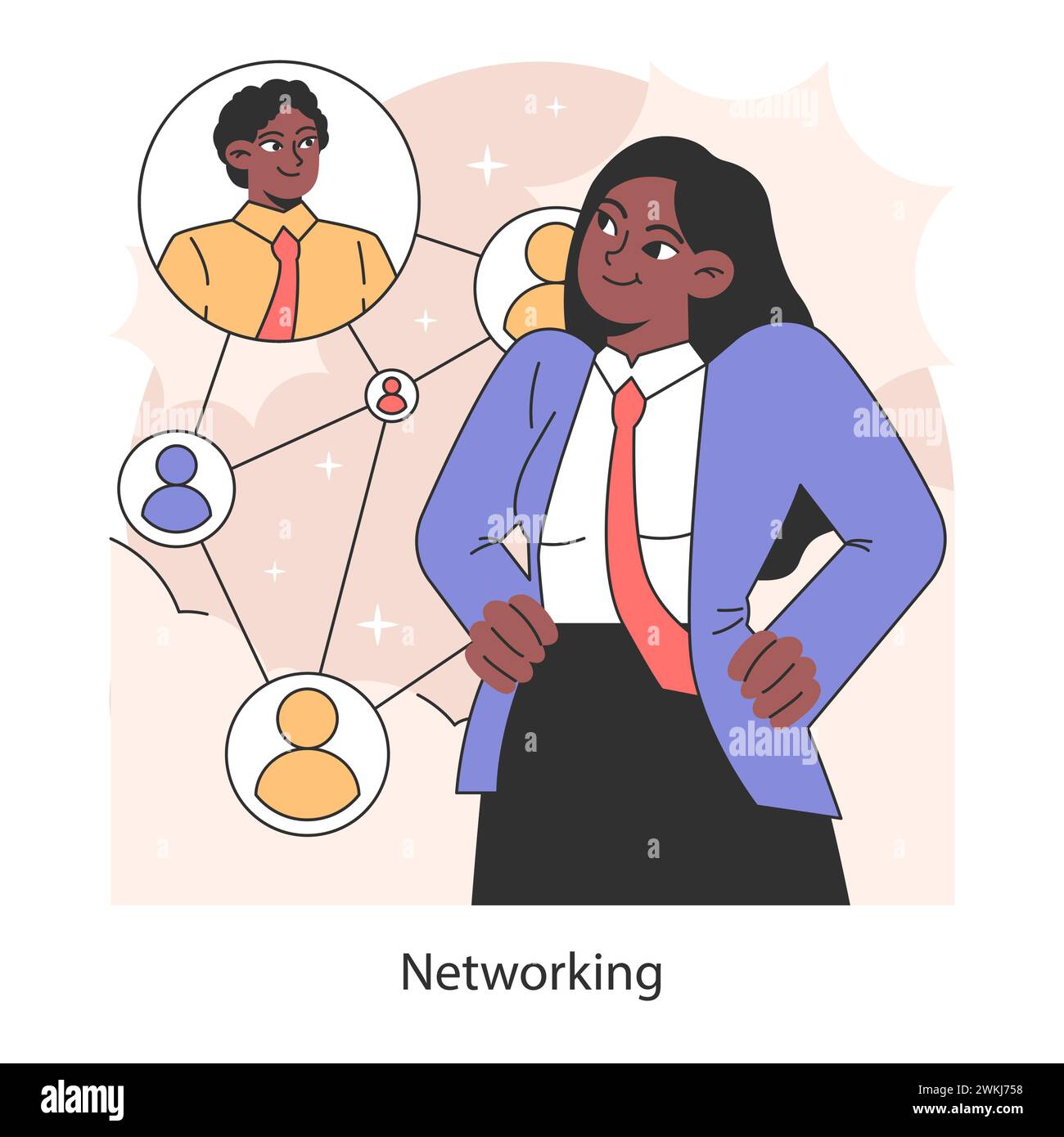 Networking. Female business character building professional connections ...