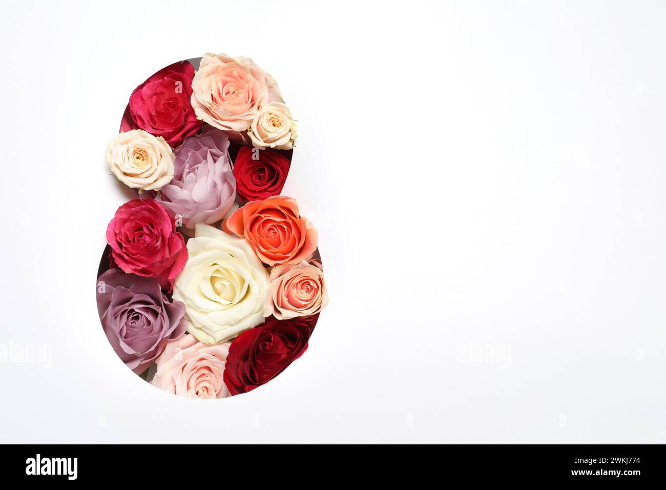 8 March greeting card design with roses and space for text, top view ...