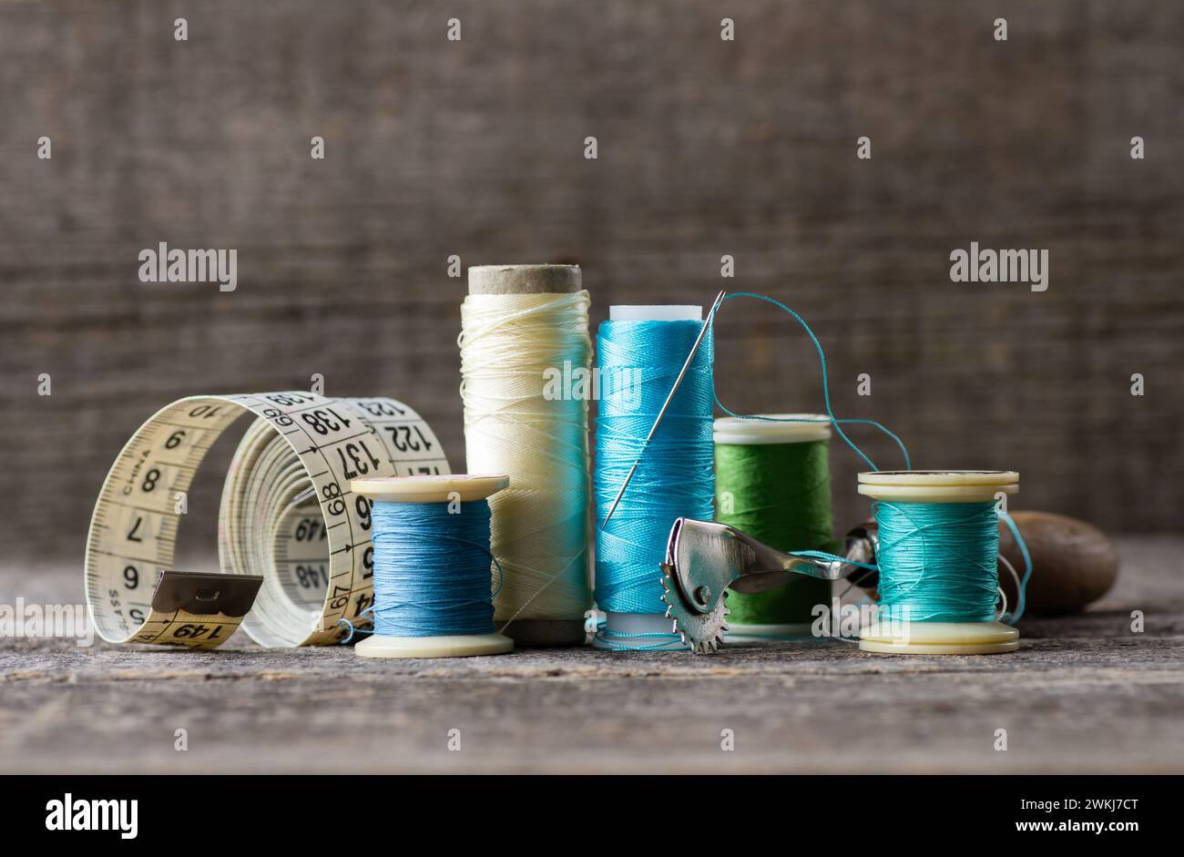 Tailor sewing accessories, craft concept background, scissors, tracing ...