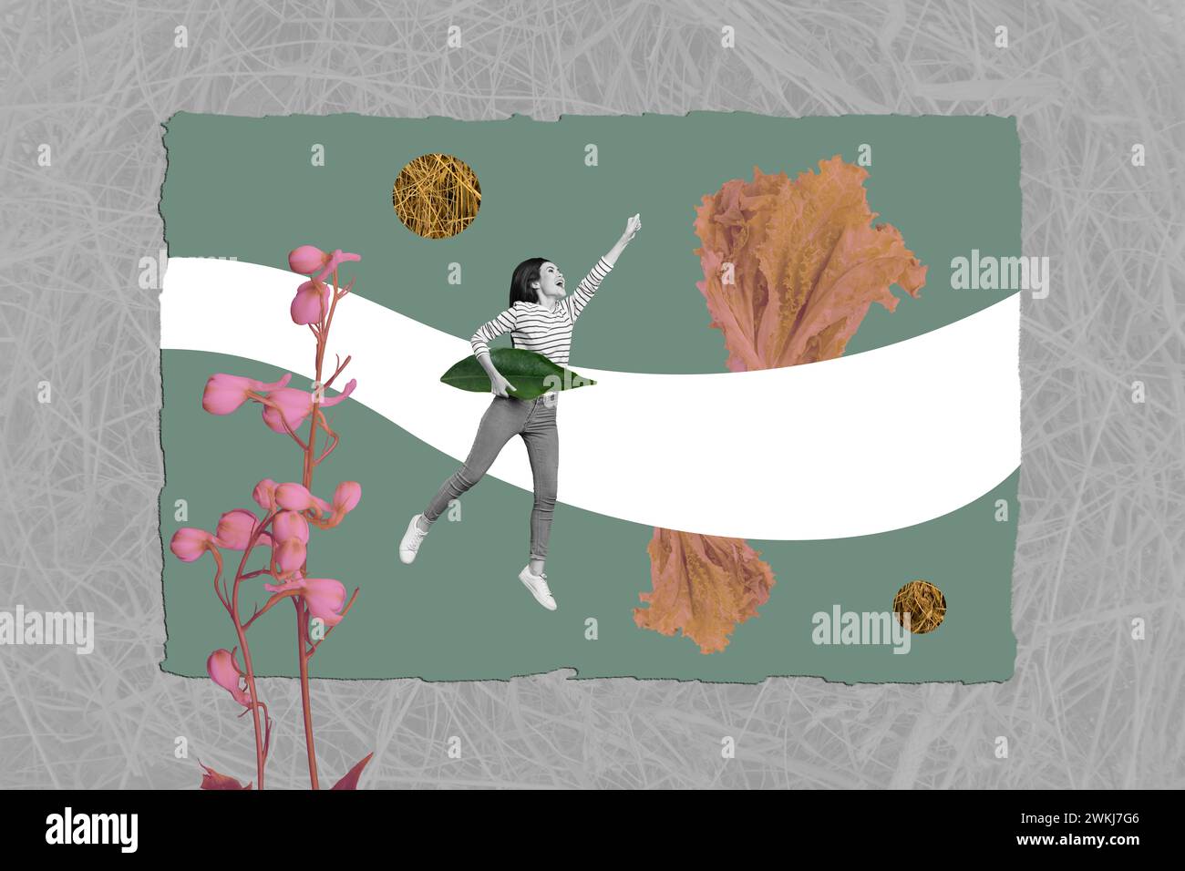 Collage artwork poster of funky crazy woman running flying air raised ...