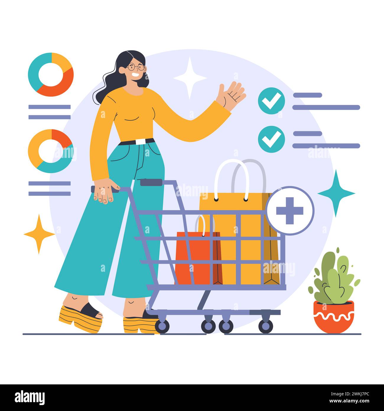 Procurement concept. Confident woman with shopping cart oversees data ...