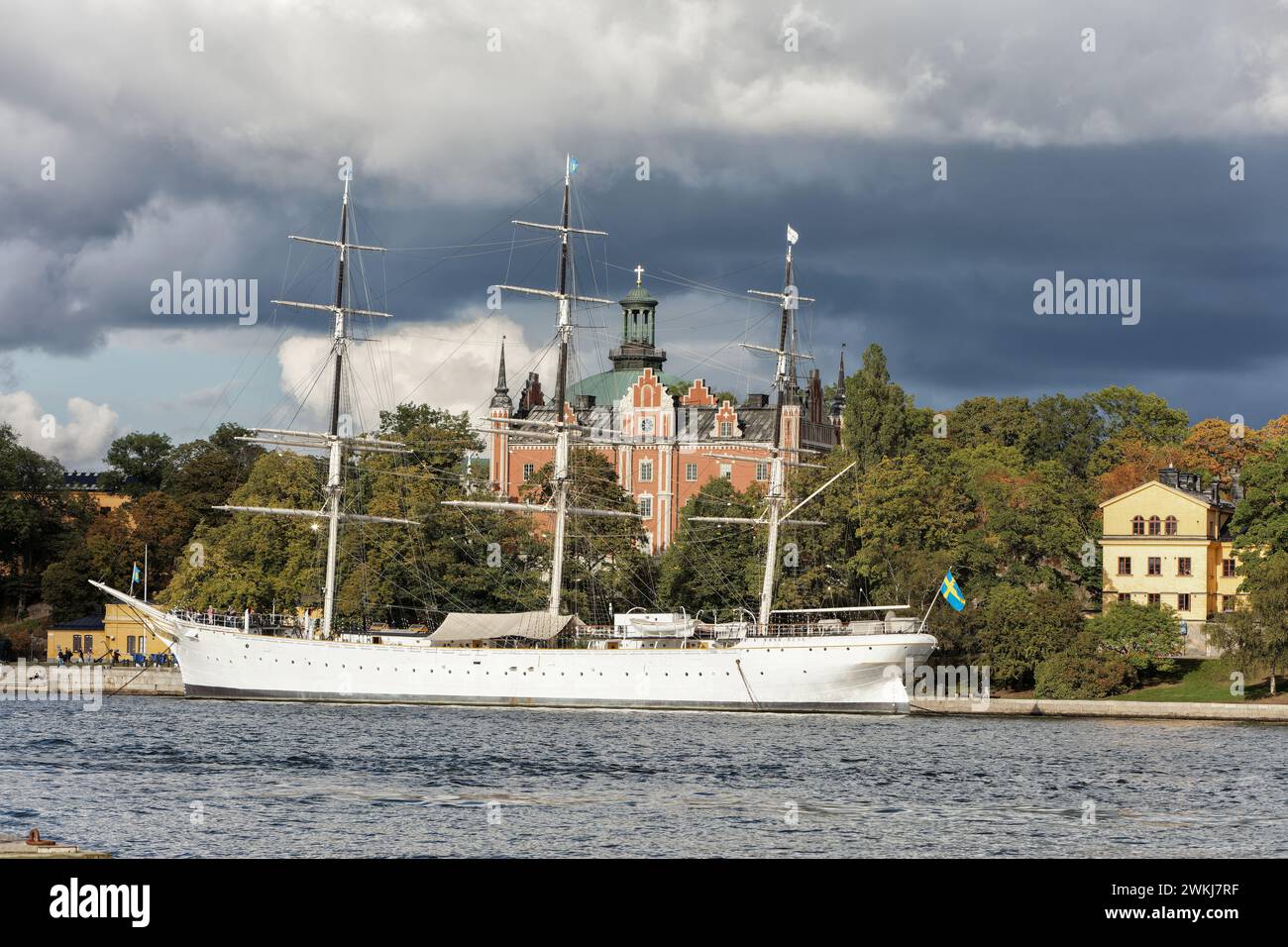 Former Swedish Navy af Chapman sailing vessel (now a hostel) in front ...