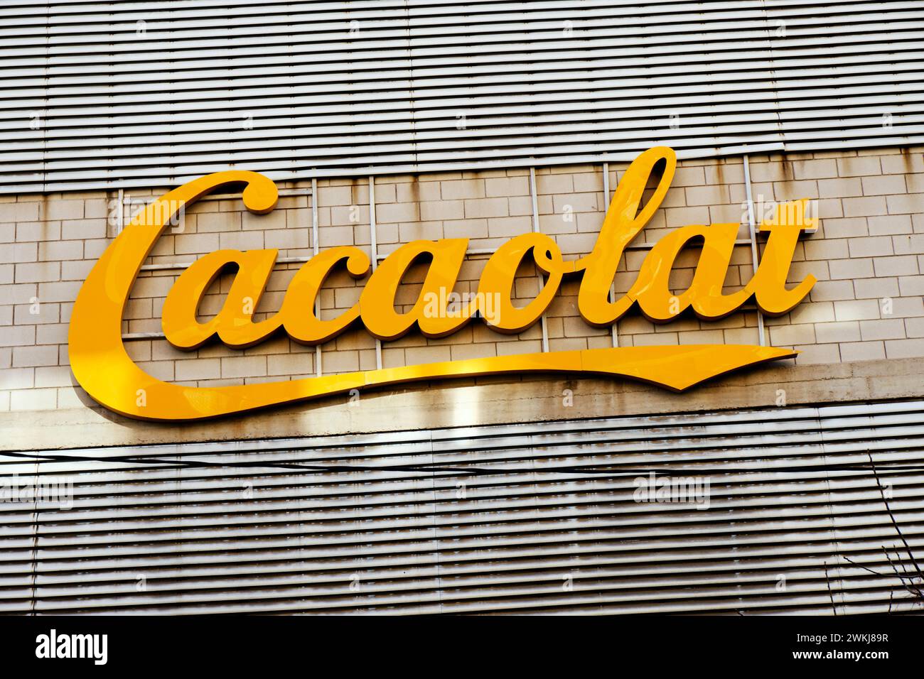 Barcelona, Spain - February 18, 2024: Closeup of the Cacaolat sign in ...