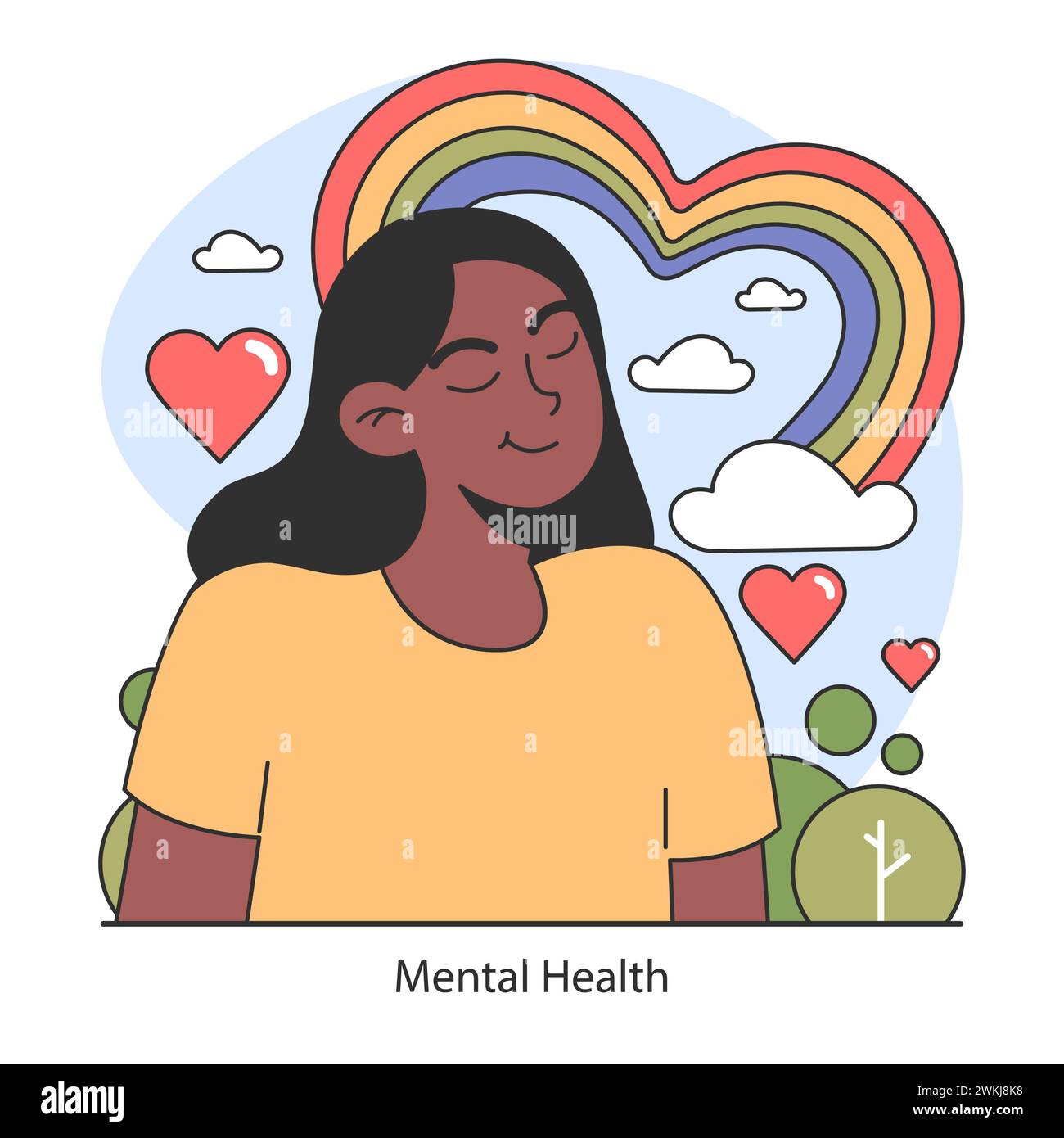 Dopamine fasting concept. A serene woman with a rainbow and hearts ...